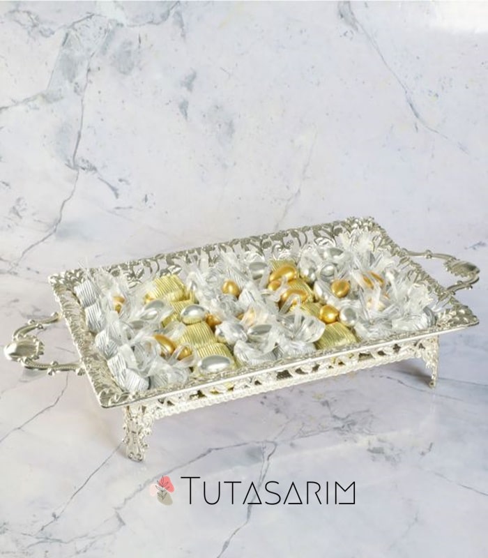 Gümüş Tepsi Çiçek Süsleme Kız İsteme Çikolatası - Tutasarım